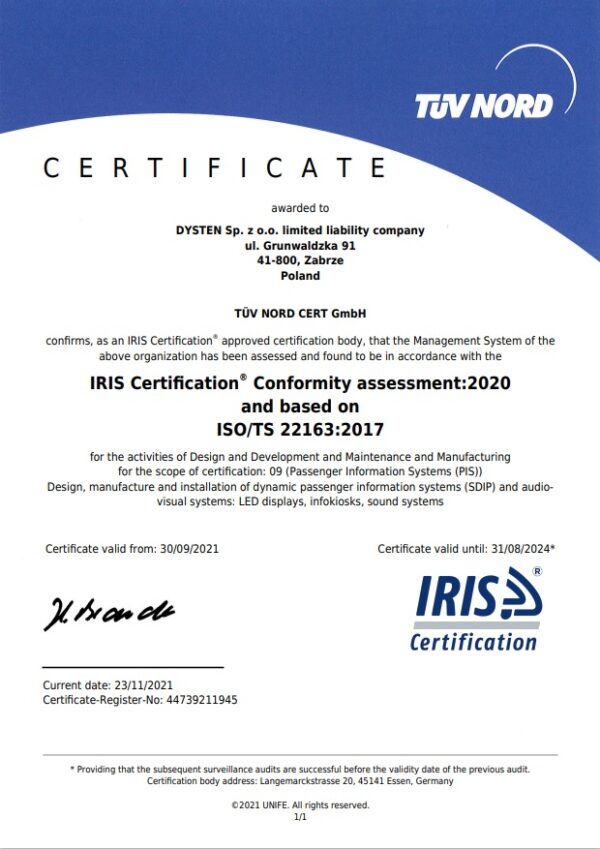 IRIS certification - strategic step to the development of the DYSTEN LTD